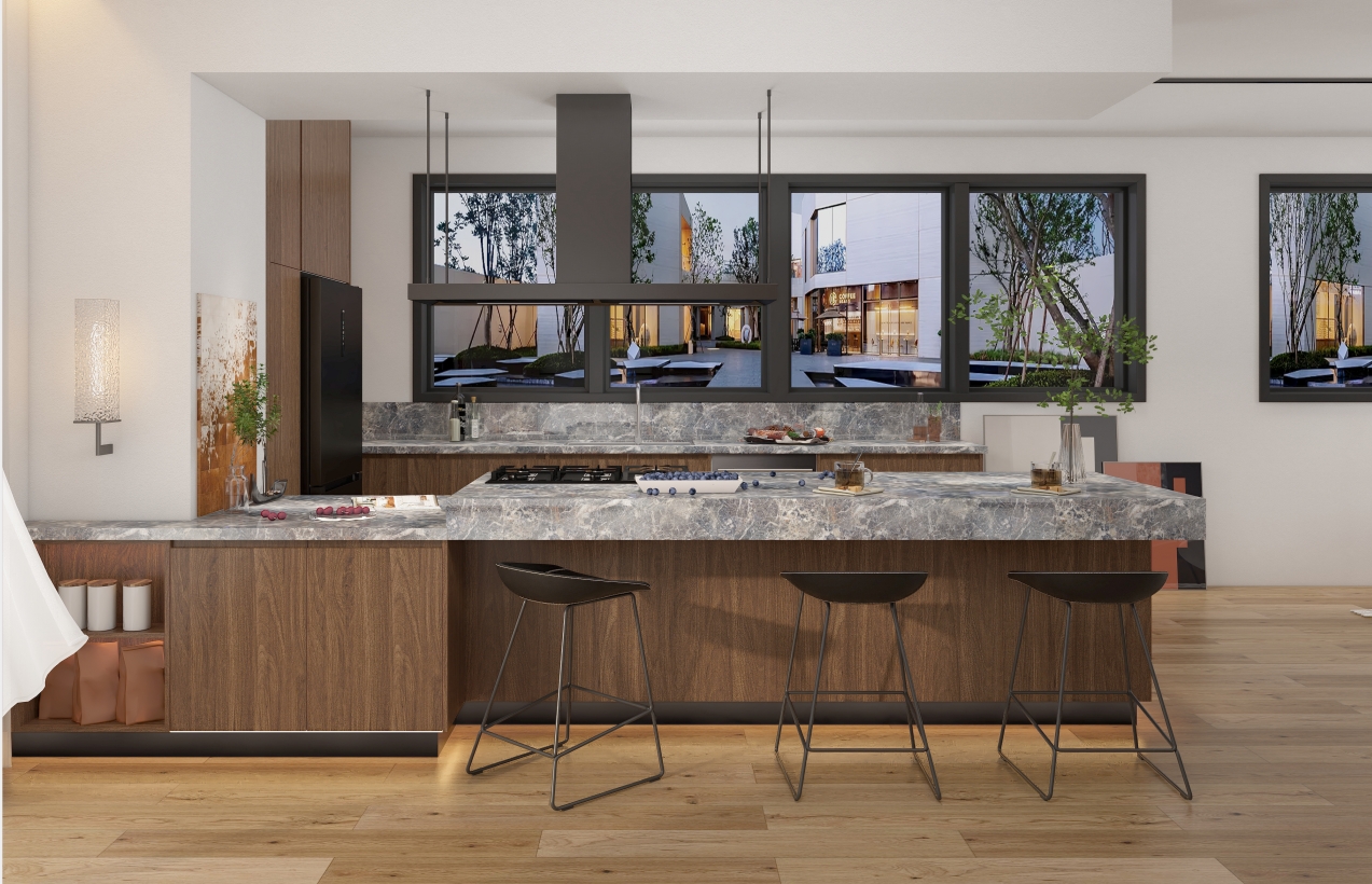 Bespoke L-Shape Kitchen with Marble Countertops and Rich Wooden Cabinetry